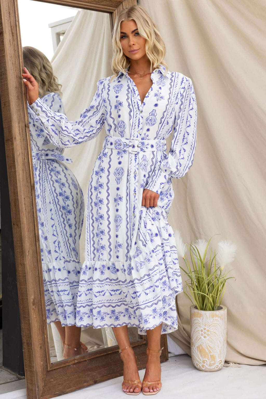 Niko Midi Dress - Chic Button-Up with Belt – Amaroso Boutique